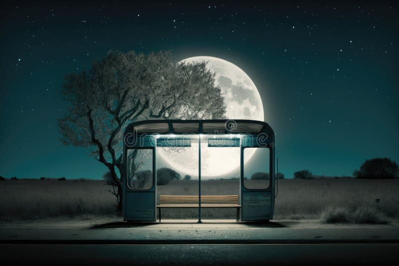 Empty Bus Stop at Night, with the Moon and Stars Shining Above ...