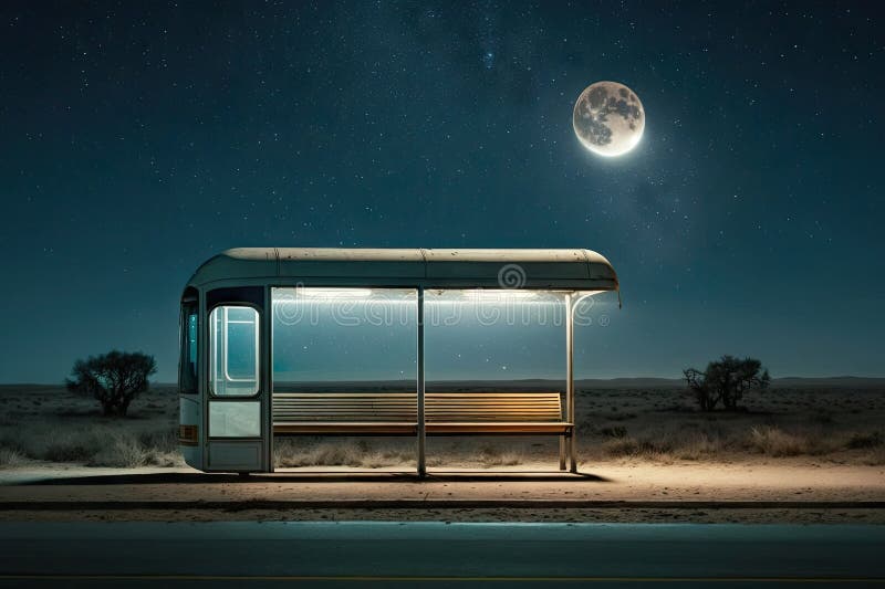 Empty Bus Stop at Night, with the Moon and Stars Shining Above ...