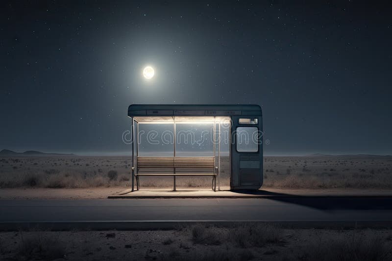 Empty Bus Stop at Night with the Moon and the Stars Shining in the Sky ... Empty Bus Stop at Night with the Moon and the Stars Shining in the Sky ...