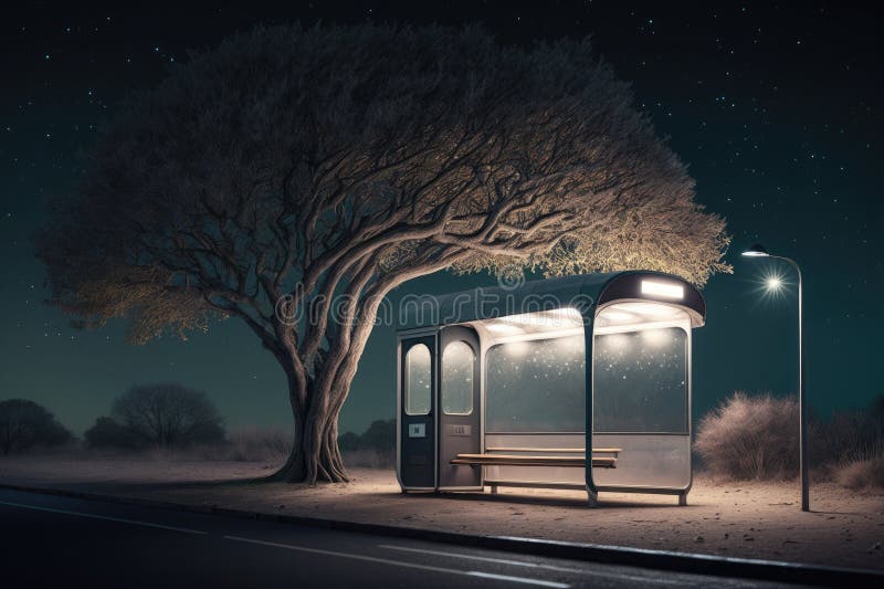 Empty Bus Stop at Night with Moonlight Shining through the Trees and ...