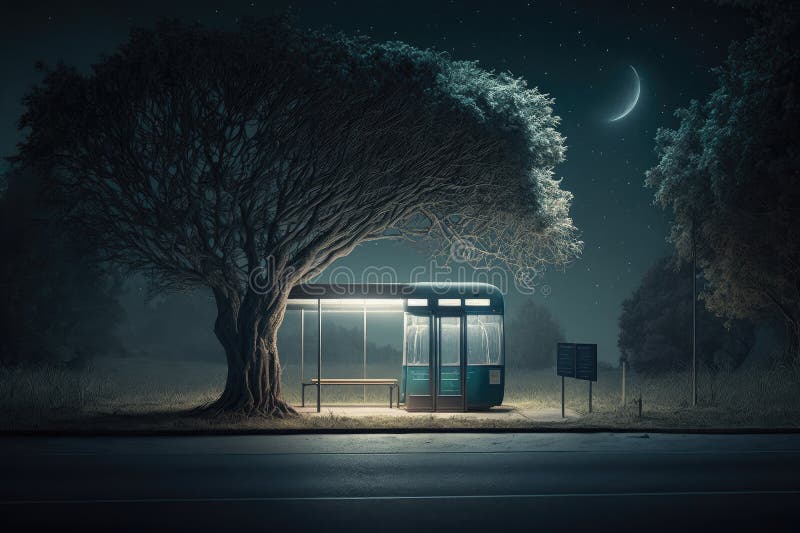 Empty Bus Stop at Night with Moonlight Shining through the Trees and ...