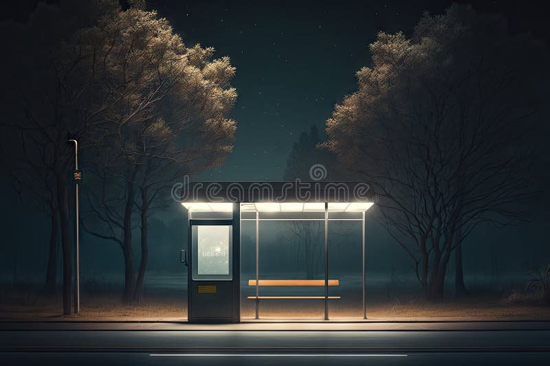 Empty Bus Stop at Night with Moonlight Shining through the Trees and ...