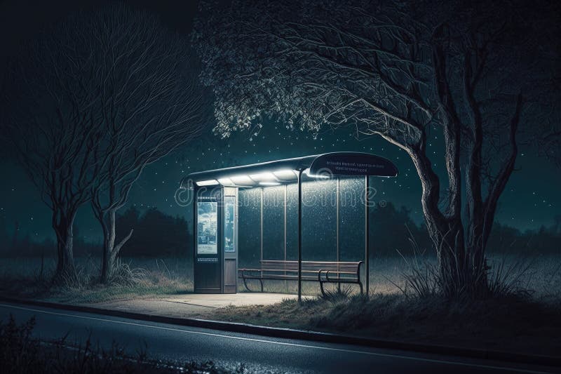 Empty Bus Stop at Night with Moonlight Shining through the Trees and ...