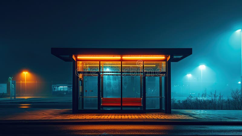 An Empty Bus Stop at Night with Orange Lights Stock Illustration ...