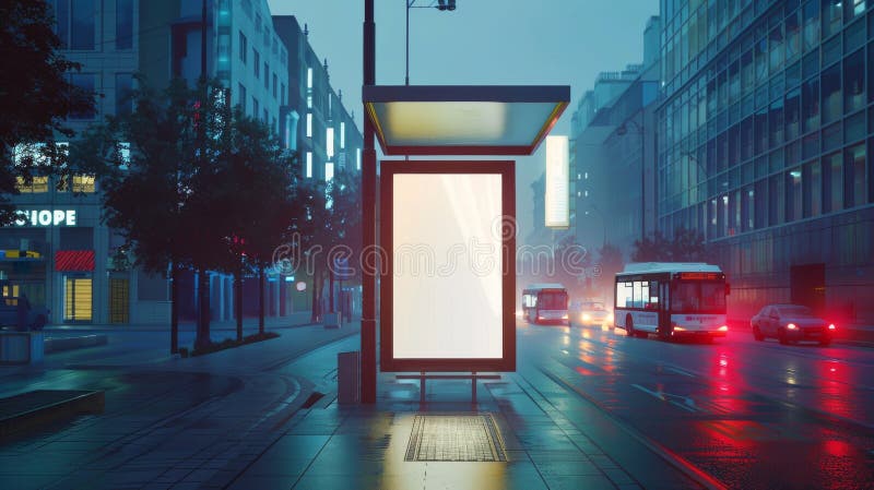 Empty Bus Stop at Night in a Rainy City with Illuminated Advertisement ...