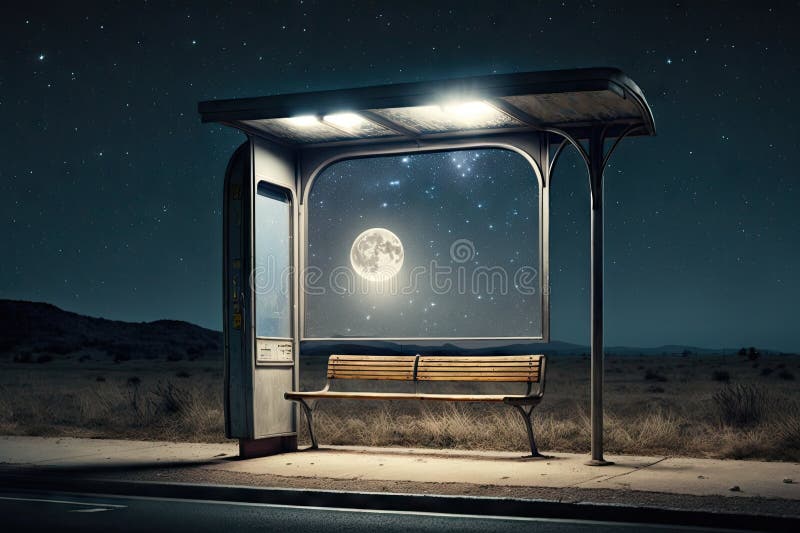 Empty Bus Stop at Night, with View of the Moon and Stars Shining Down ...