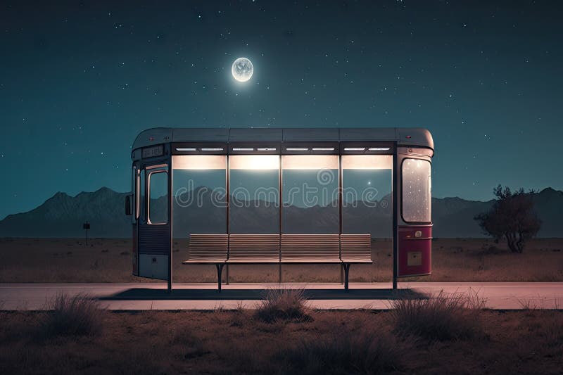 Empty Bus Stop at Night, with View of the Moon and Stars Shining Down ...