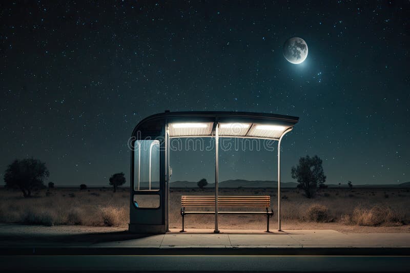 Empty Bus Stop at Night, with View of the Moon and Stars in the Sky ...