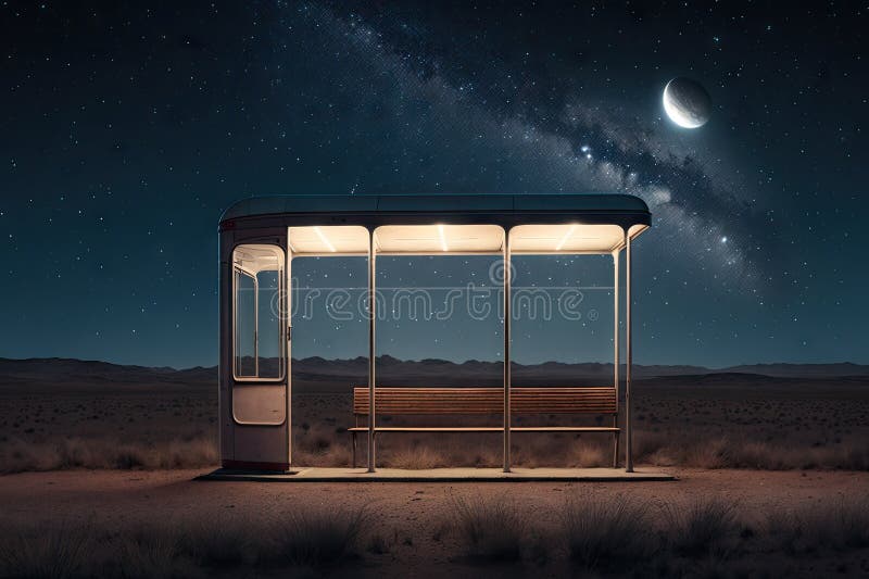 Empty Bus Stop at Night, with View of the Stars in the Sky and Moon ...