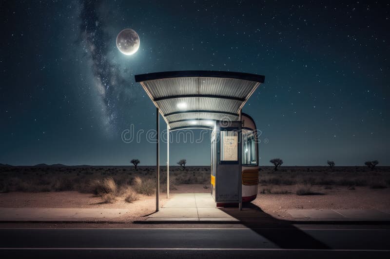 Empty Bus Stop at Night, with View of the Stars in the Sky and Moon ...