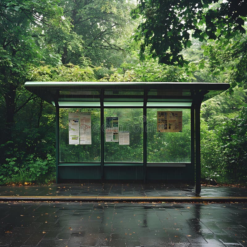 Empty Bus Stop in the Rain Surrounded by Lush Green Forest Stock Photo ...