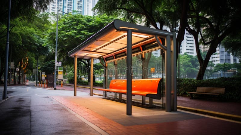 Empty Bus Stop with a Vibrant Orange Bench, AI-generated. Stock ...