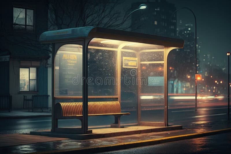 Empty Bus Stop with View of the City at Night, with Bright Lights and ...
