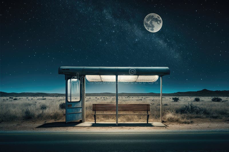 Empty Bus Stop at Night, with View of the Moon and Stars in the Sky ...