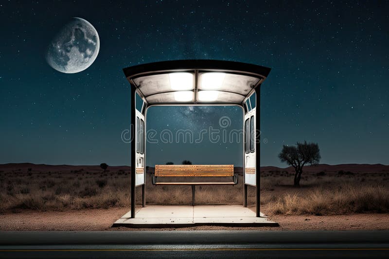 Empty Bus Stop, with View of the Moon and Stars, at Night Stock ...