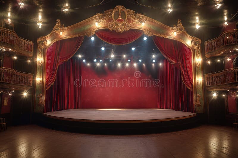 Empty Cabaret Stage with Surreal Lighting and Colorful Spotlight in Dramatic Darkness, Designed ...