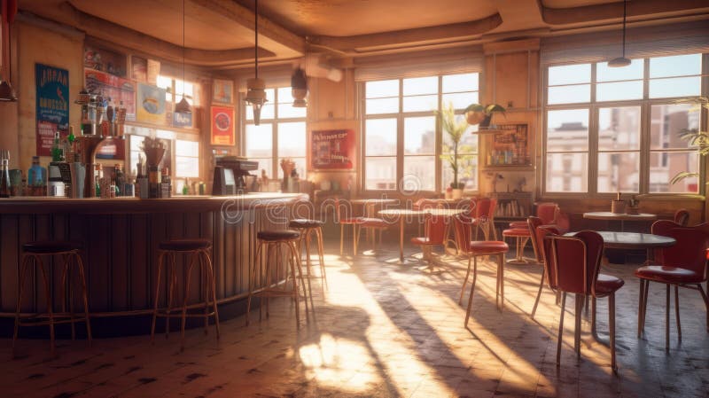 Empty Cafe or Bar Interior Daytime. Generative AI Stock Illustration ...