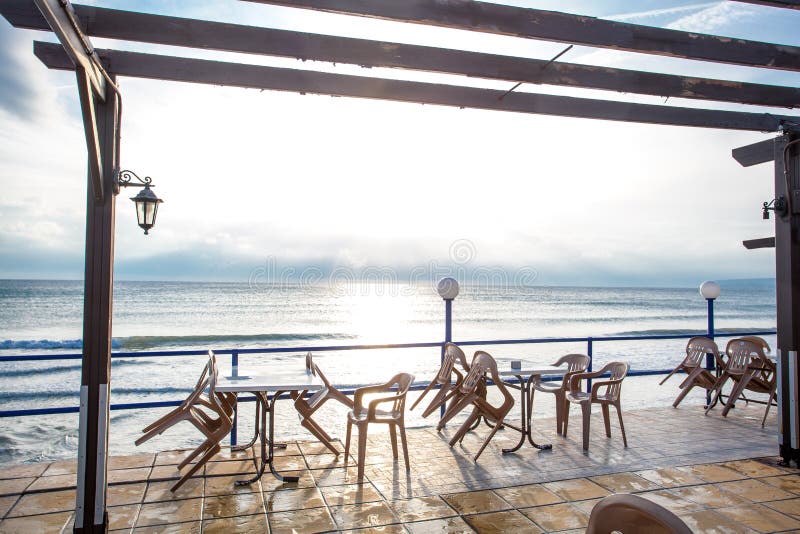 Empty Cafe at Beach in Sunset Stock Image - Image of nature, water ...