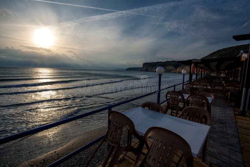 Empty Cafe at Beach in Sunset Stock Photo - Image of holiday, cafe ...