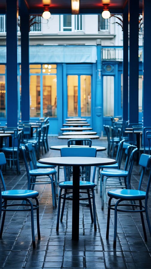 Empty Cafe with Blue Tables and Chairs, Blue Design. Vertical Blue ...