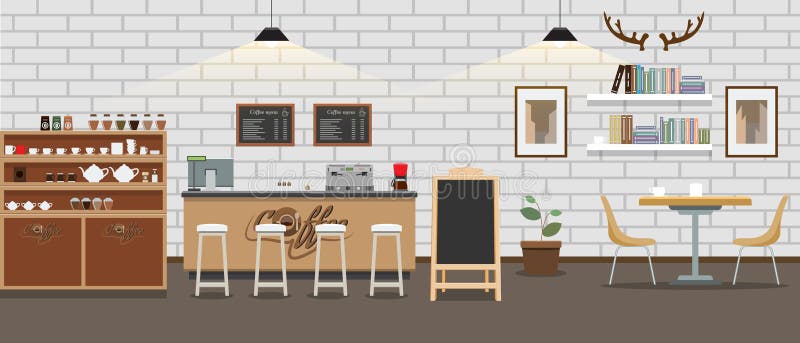 Empty Cafe Interior. Cofee Shop Bar Counter with Flat and Solid Color ...