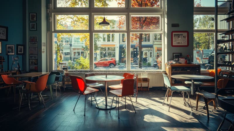 Empty Cafe Interior with Large Windows and Sunbeams Stock Illustration ...