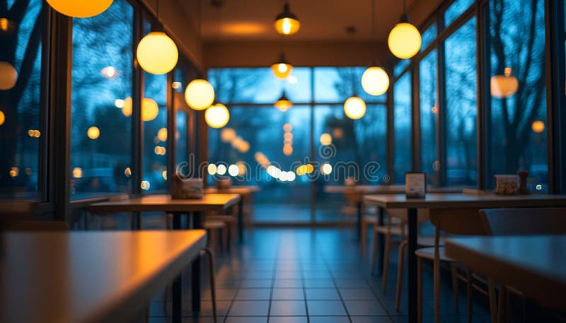 Empty Cafe Interior with Warm Lighting, Blurred City View through ...