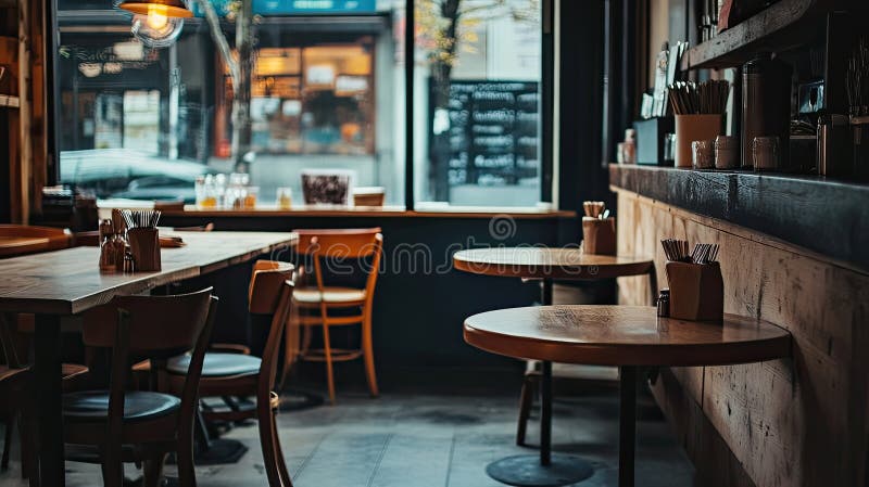 Empty Cafe Interior. Wooden Tables and Chairs. Coffee Shop Stock ...