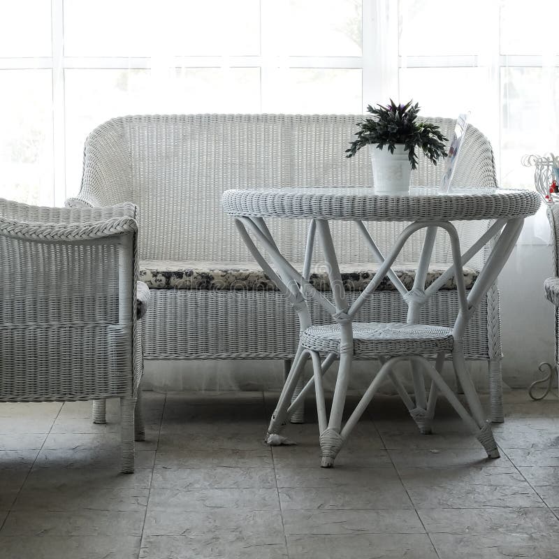 Empty Cafe Seating Area with Rattan Table and Chairs in Cottage Stock ...