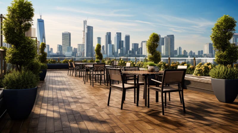Empty Cafe Terrace with Panoramic View of City Skyline at Sunset Stock ...