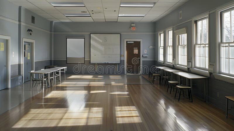 An Empty Cafeteria with Tables and Chairs Arranged in Rows, with Large ...
