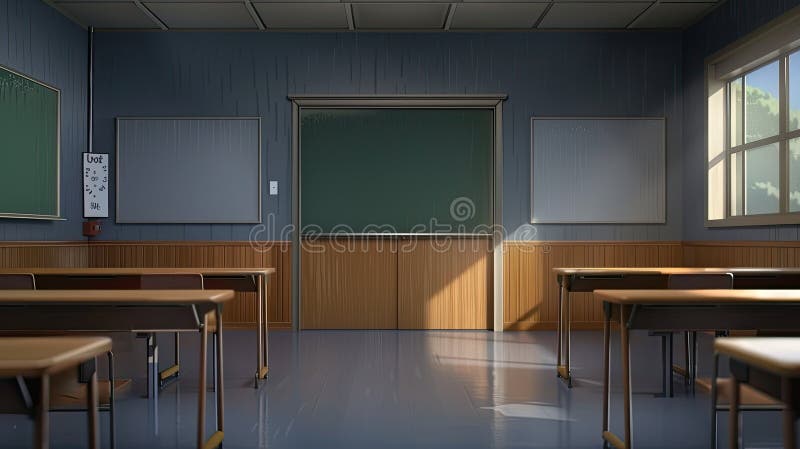 An Empty Cafeteria with Tables and Chairs Arranged in Rows, with Large ...