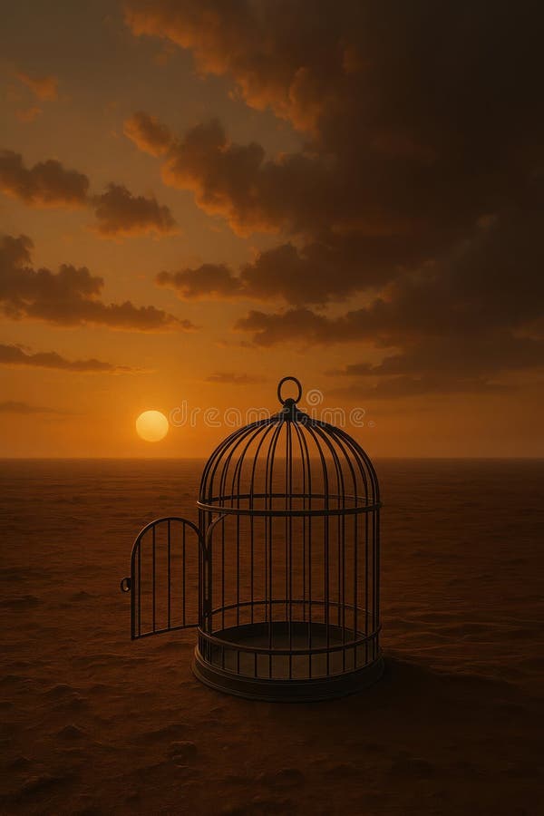 An Empty Cage with an Open Door in the Middle of the Desert at Sunset ...