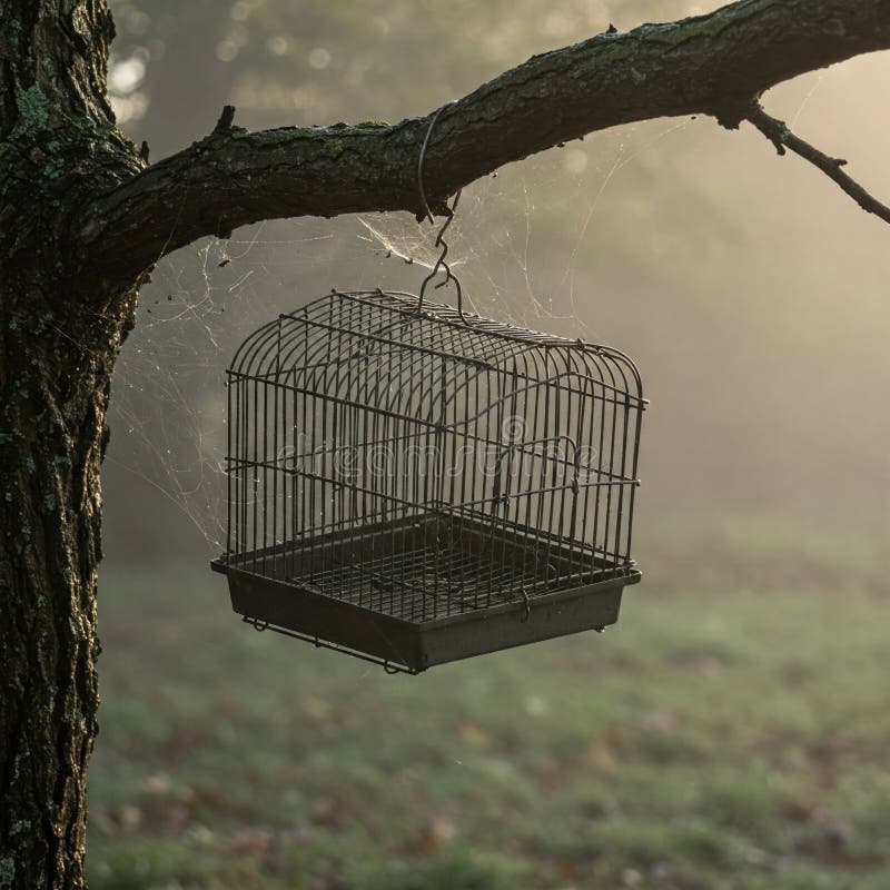 An Empty Cage on a Tree, Shrouded in Cobwebs. Stock Photo - Image of ...