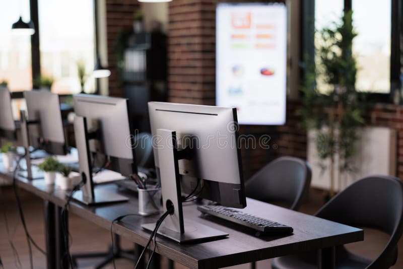 Empty Call Center Helpdesk with Multiple Monitors in Office Stock Photo ...