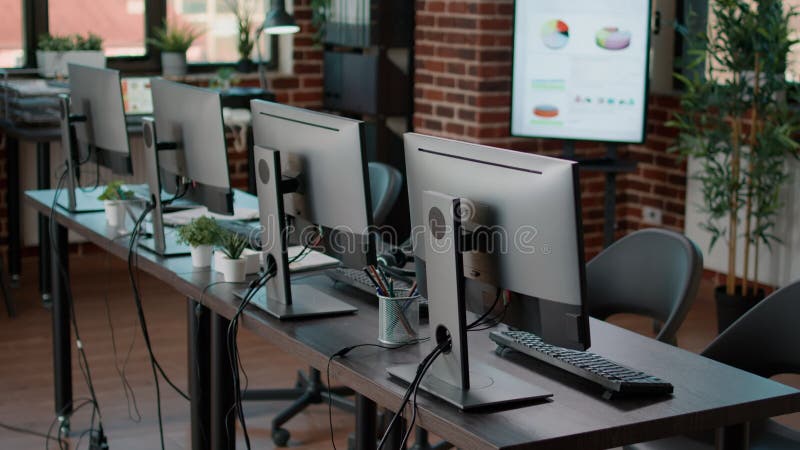 Empty Call Center Office with Computers and Monitors on Desk Stock ...
