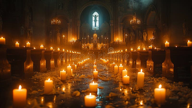 Empty, Candle-lit Church Interior Representing Solemnity of Good Friday ...