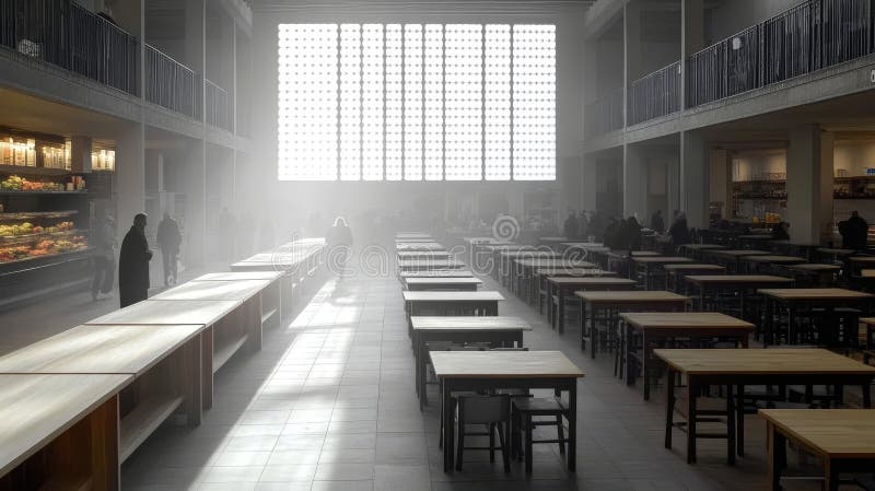Empty Canteen with Long Tables and Large Windows, Minimalist ...