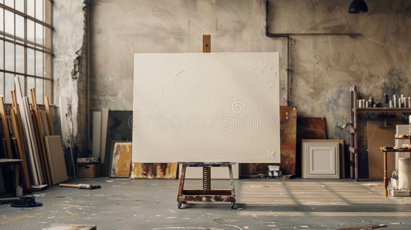Empty Canvas in Artist Studio, Cluttered Artist Studio with Warm ...
