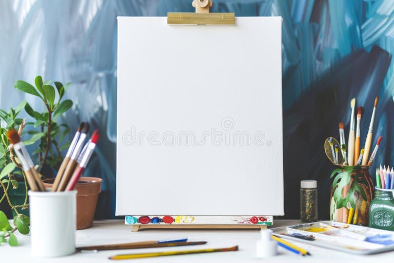 Empty Canvas on Artistic Background with Brushes and Flowers Stock ...