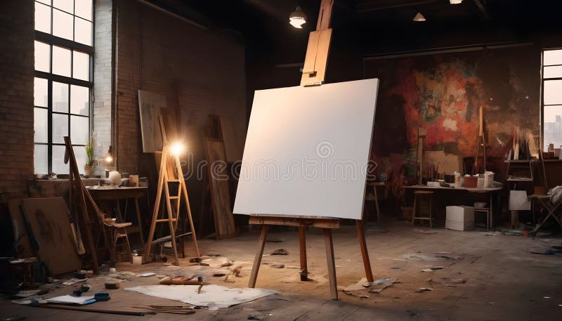 Empty Canvas on Easel in a Artist Warehouse Stock Illustration ...
