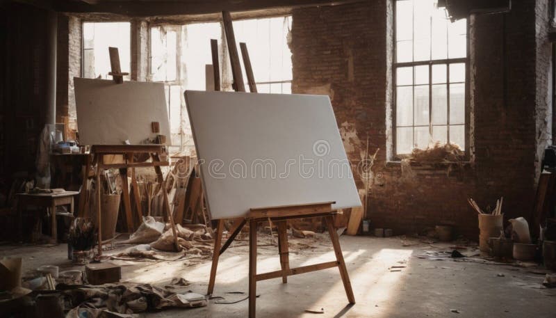 Empty Canvas on Easel in a Artist Warehouse Stock Illustration ...