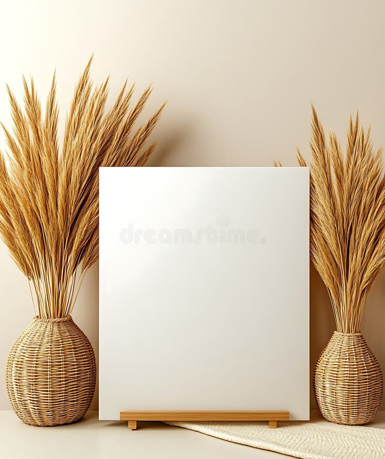 Empty Canvas Mockup with Dried Flowers on Beige Wall Stock Illustration ...