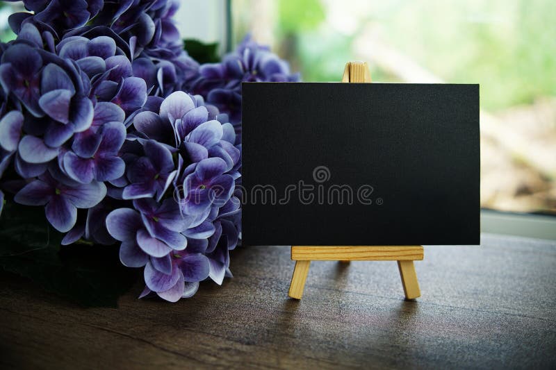 Empty Card Space for Text Message with Wooden Easel and Flower Bouquet ...