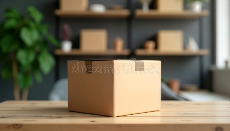 Empty Cardboard Box Sits on Wooden Table in Modern Interior. Eco ...