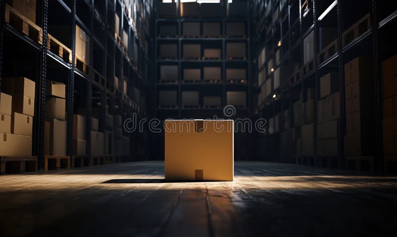 Empty Cardboard Box in Spacious Warehouse with Shelves Full of Packages ...