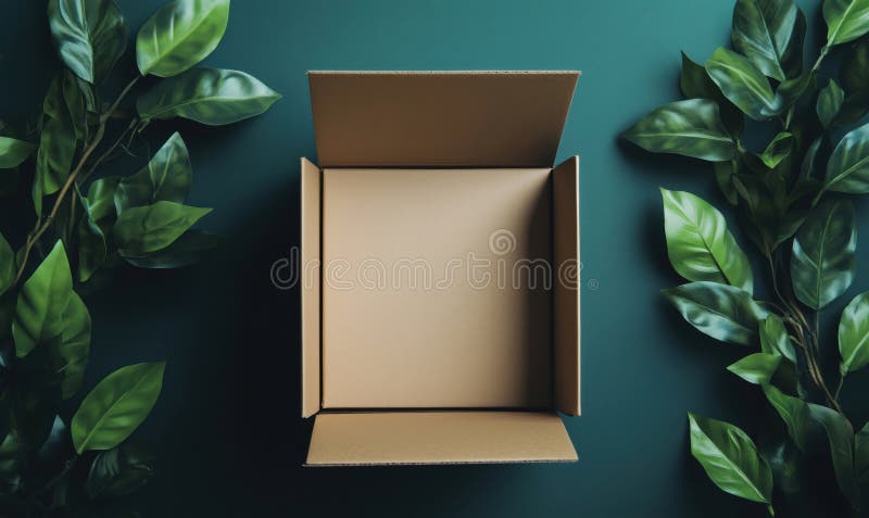 Empty Cardboard Box Surrounded by Green Leaves, Minimalistic Design ...