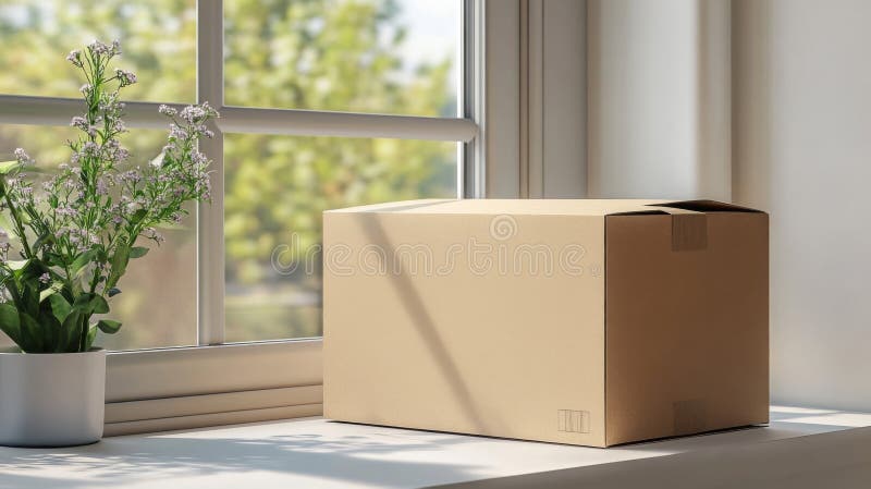 Empty Cardboard Box on Window Sill with Flowers Stock Illustration ...