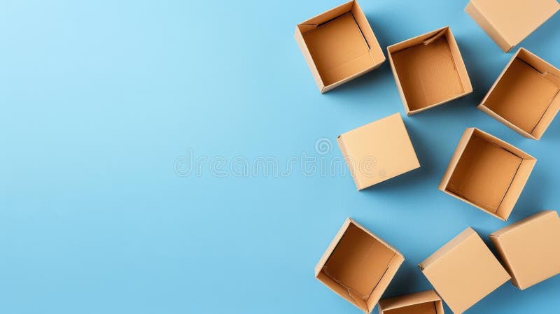 Empty Cardboard Boxes Scattered on a Blue Background Create a ...