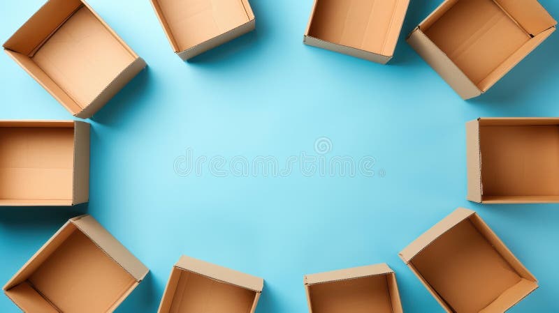 Empty Cardboard Boxes Scattered on a Blue Background Create a ...